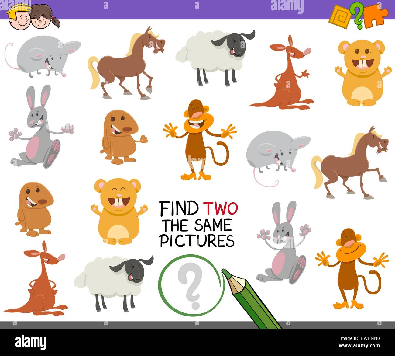 Cartoon Illustration of Looking for Two Identical Pictures Educational ...