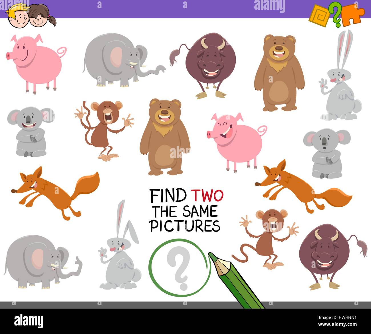 Cartoon Illustration of Finding Two Identical Pictures Educational ...