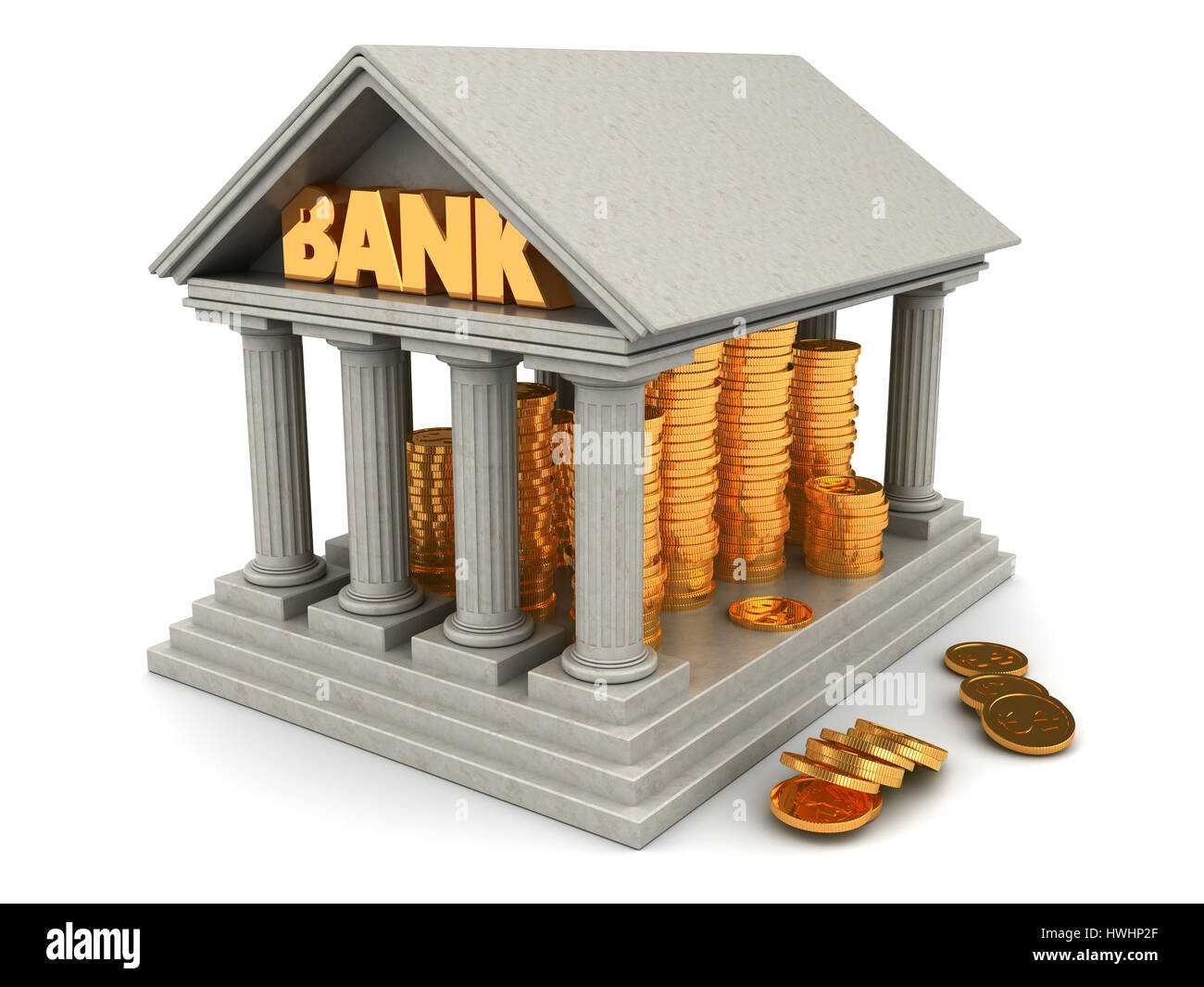 3d illustration of bank full of golden coins Stock Photo - Alamy
