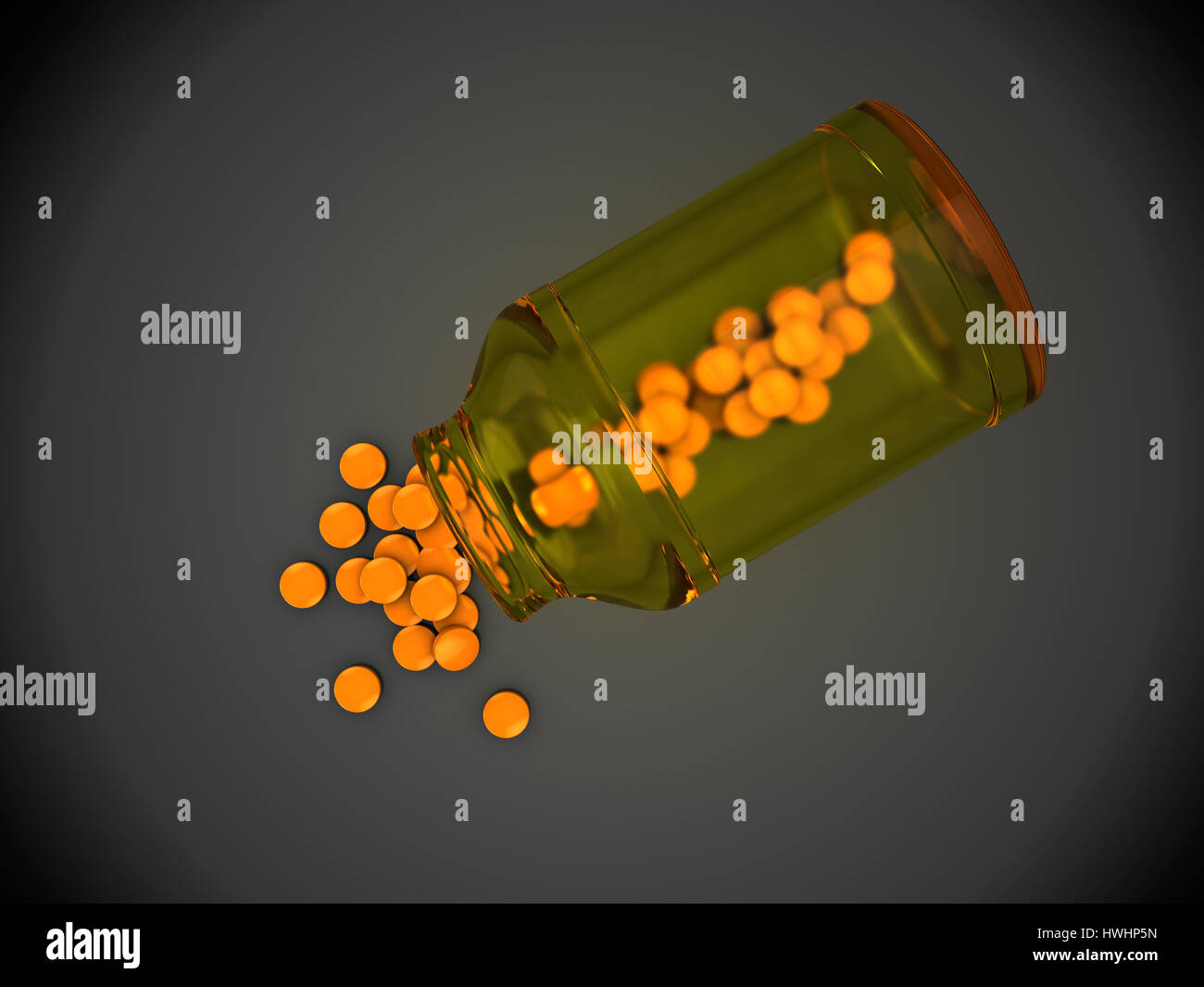 3d illustration of drugs and glass bottle, over dark background Stock ...