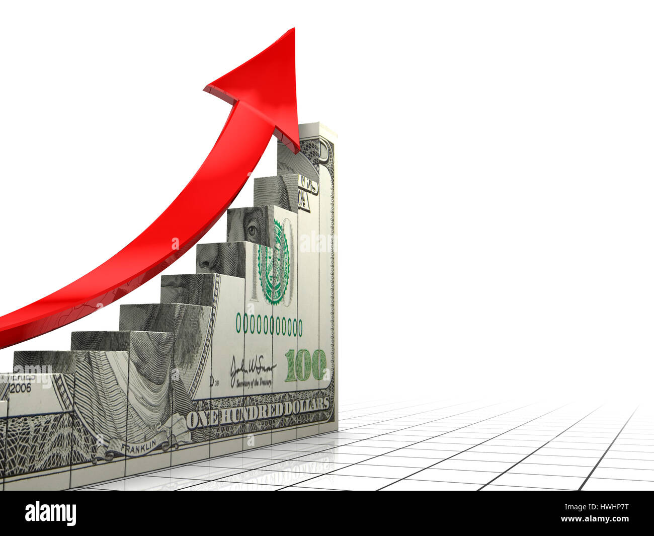 3d illustration of white background with raising dollar charts at left ...