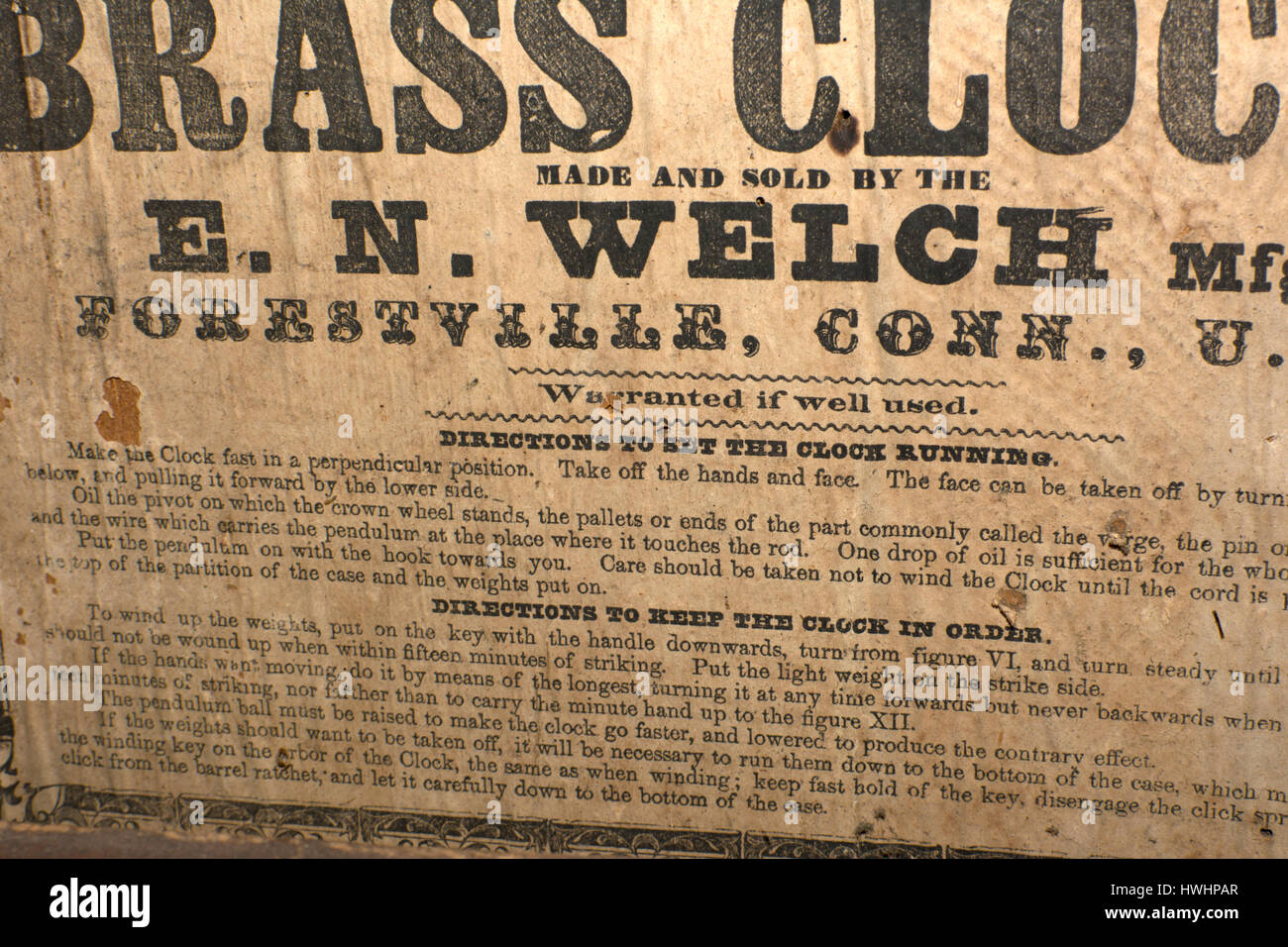 Instructions label inside an antique E.N.Welch Eight day brass clock ...