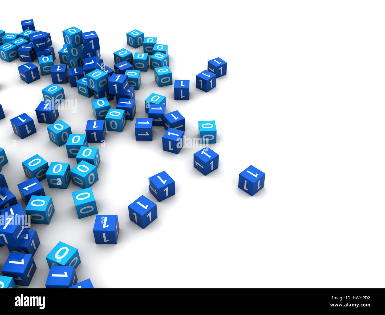 abstract 3d illustration of blue binary cubes over white background ...