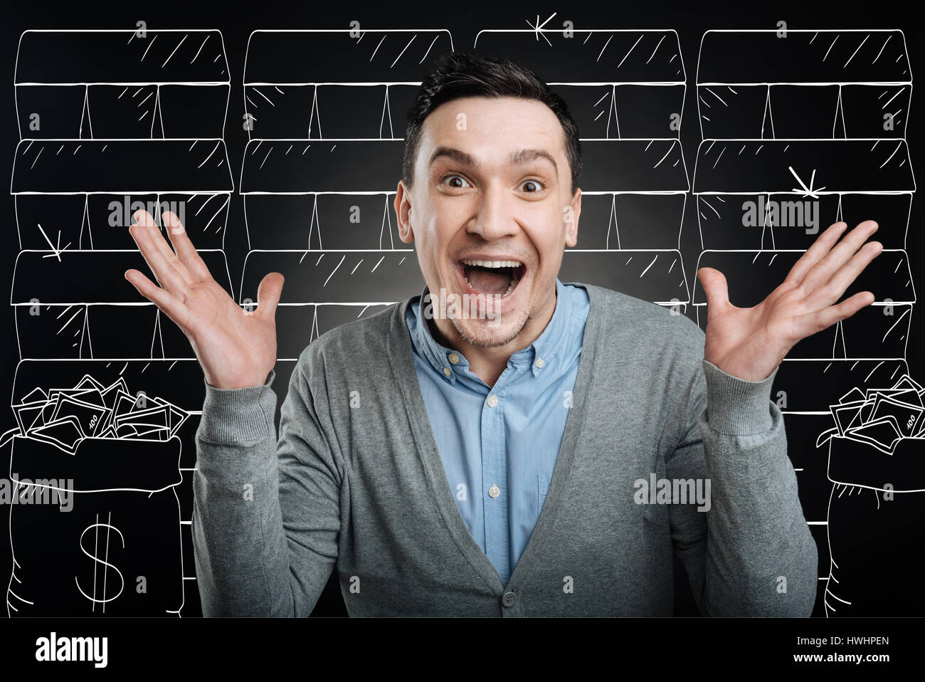 The richest in the entire world. Overjoyed delighted man expressing ...