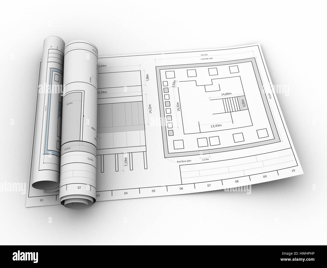 3d illustration of rolled blueprints, over white background Stock Photo ...