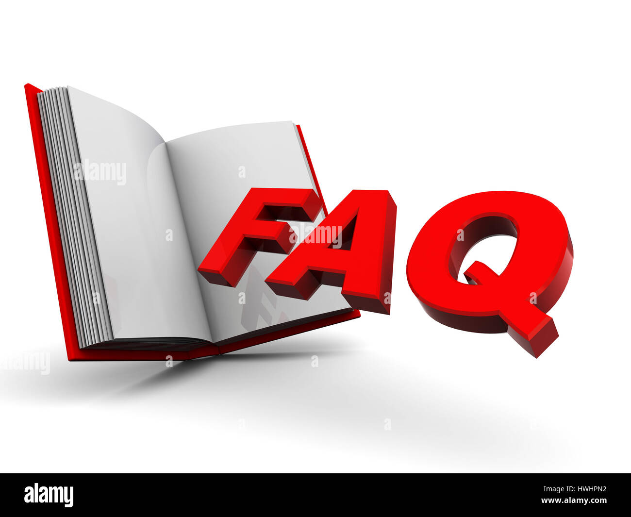 3d illustration of opened book with text 'faq' over white background ...