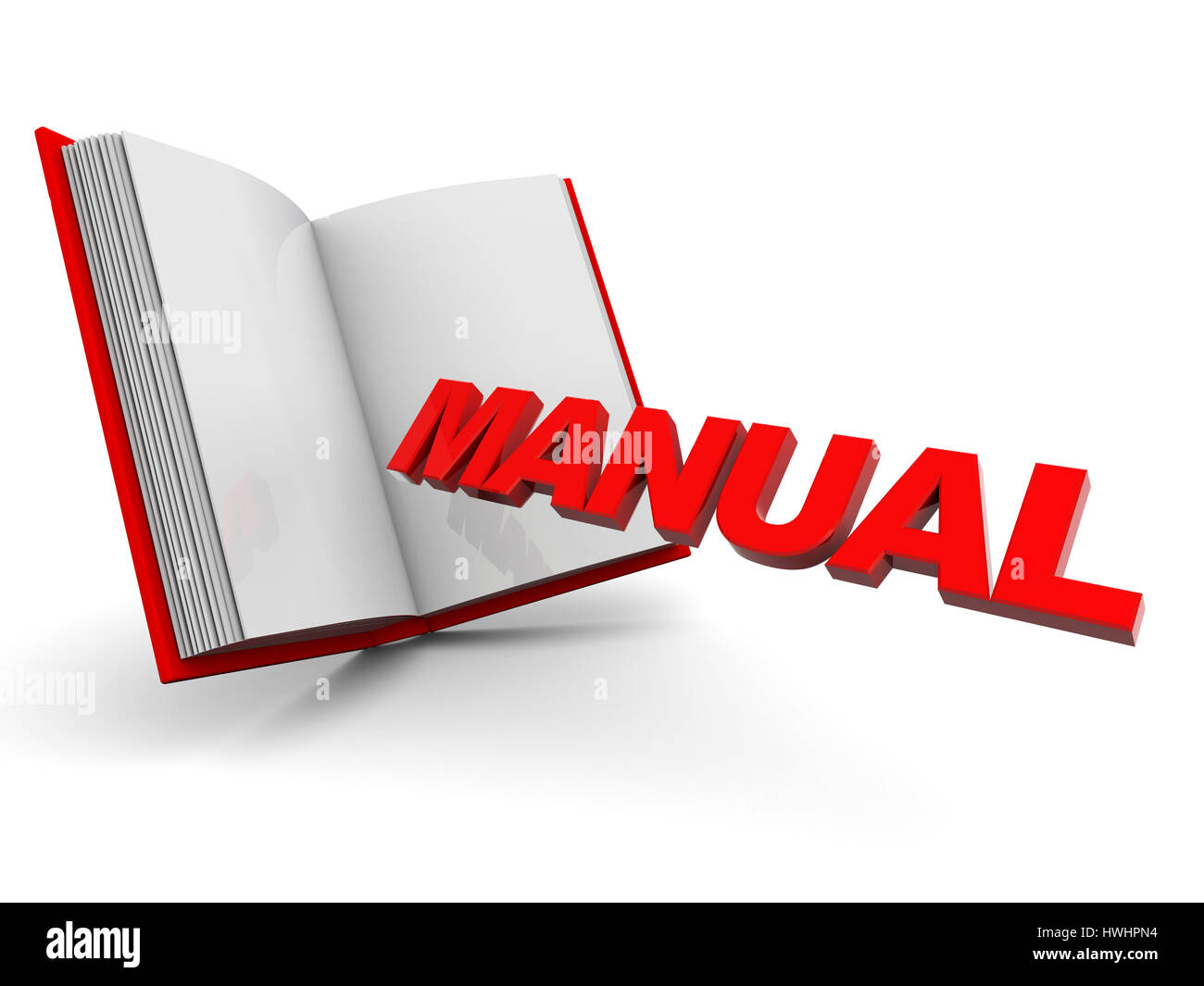 3d illustration of opened book with text 'manual', over white ...