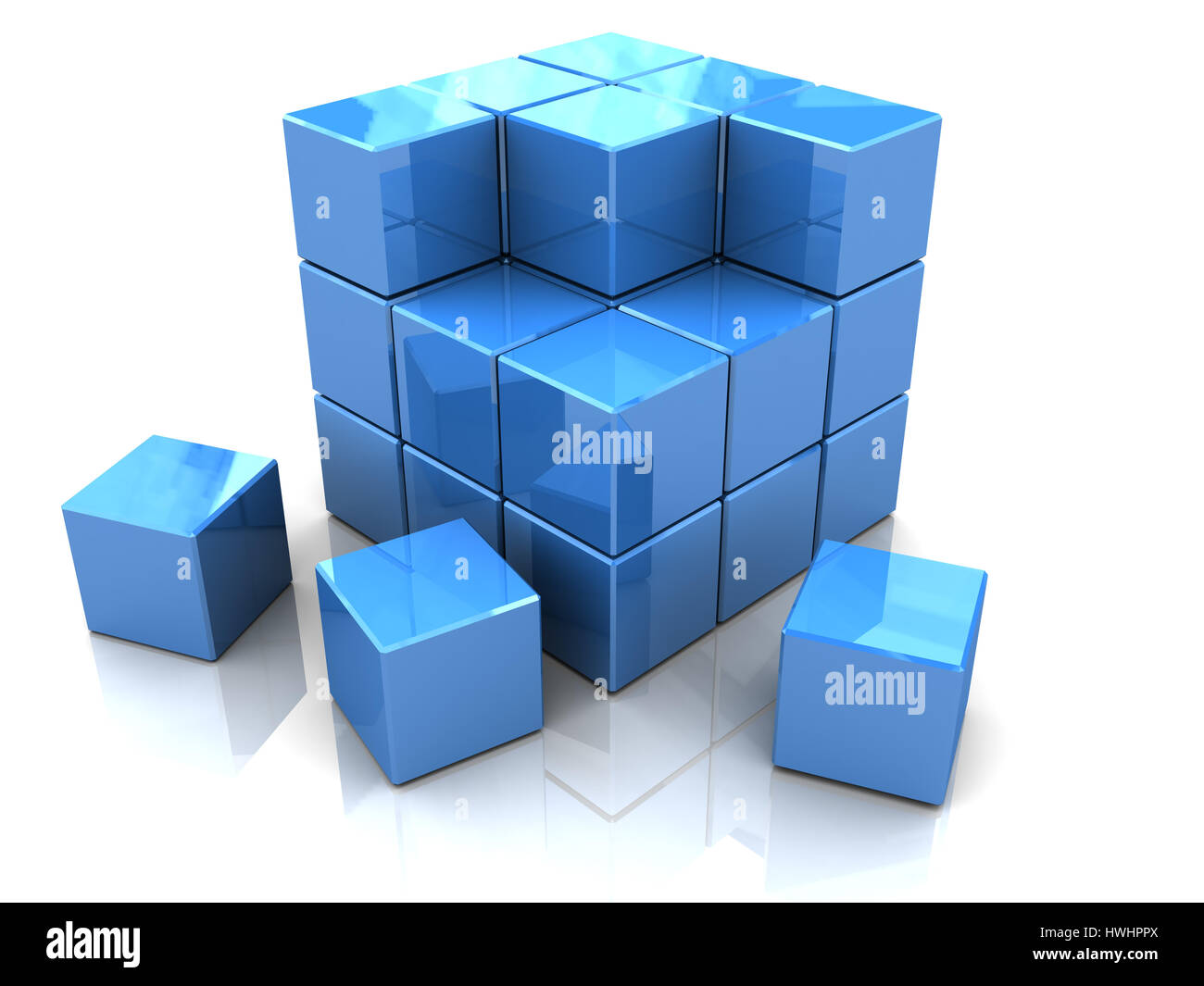 3d illustration of box builded from blocks, over white background Stock ...