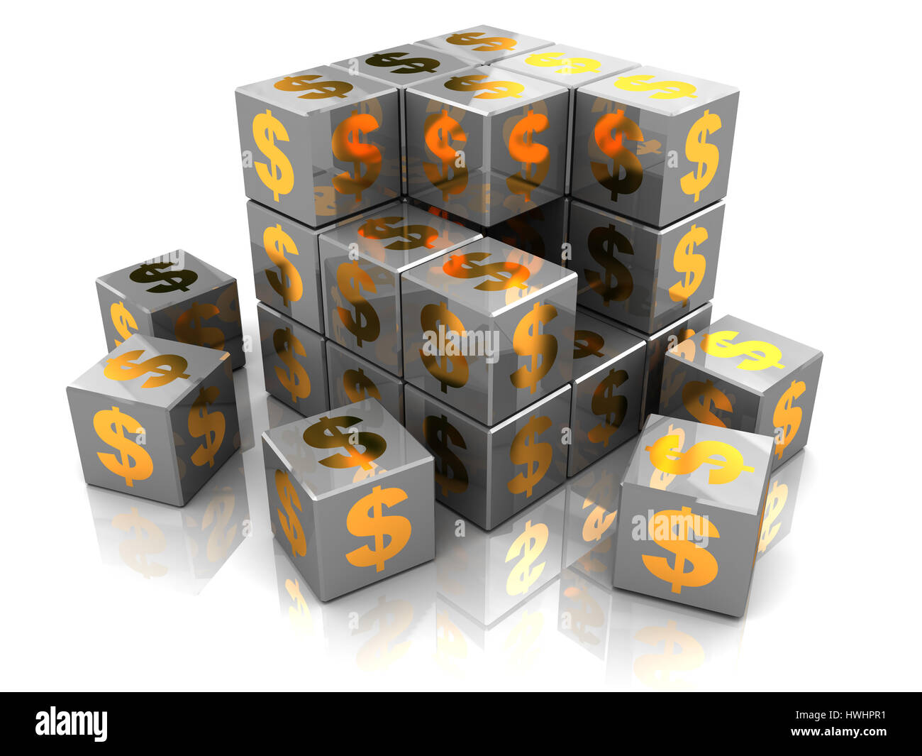 3d illustration of box construction with blocks with dollar signs Stock ...