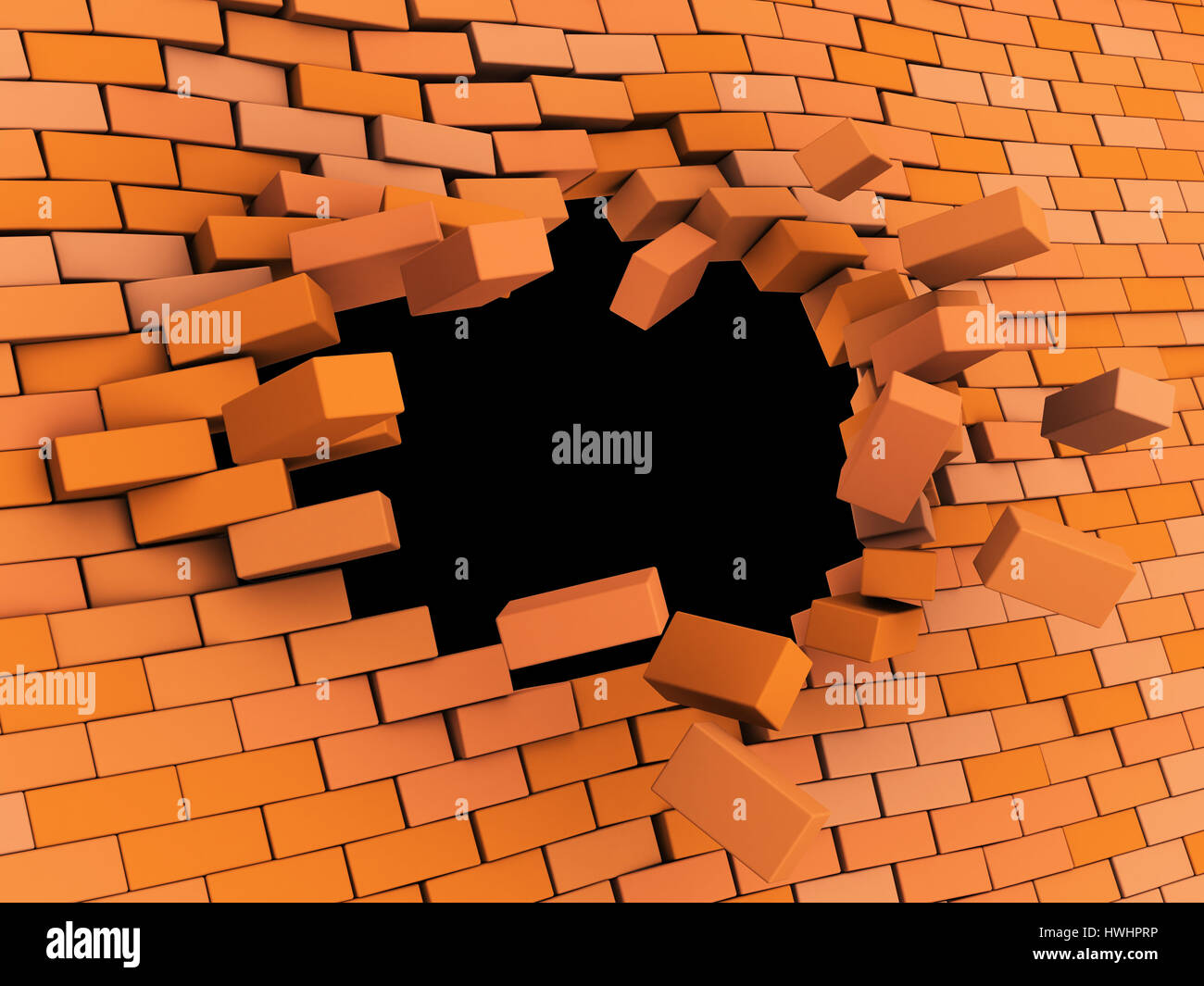 3d illustration of brick wall crash over black background Stock Photo ...