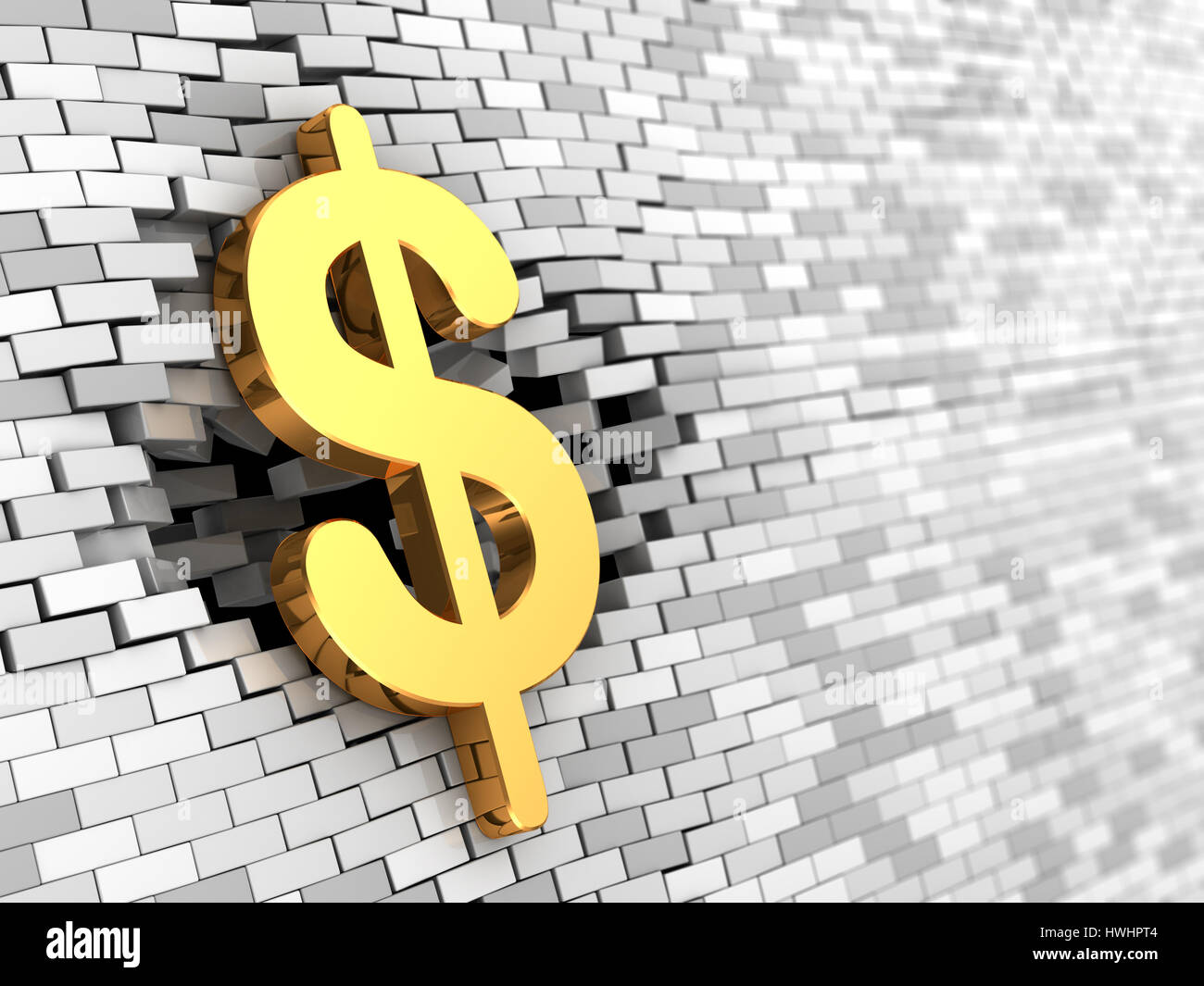 3d illustration of dollar symbol hitting brick wall, power concept ...