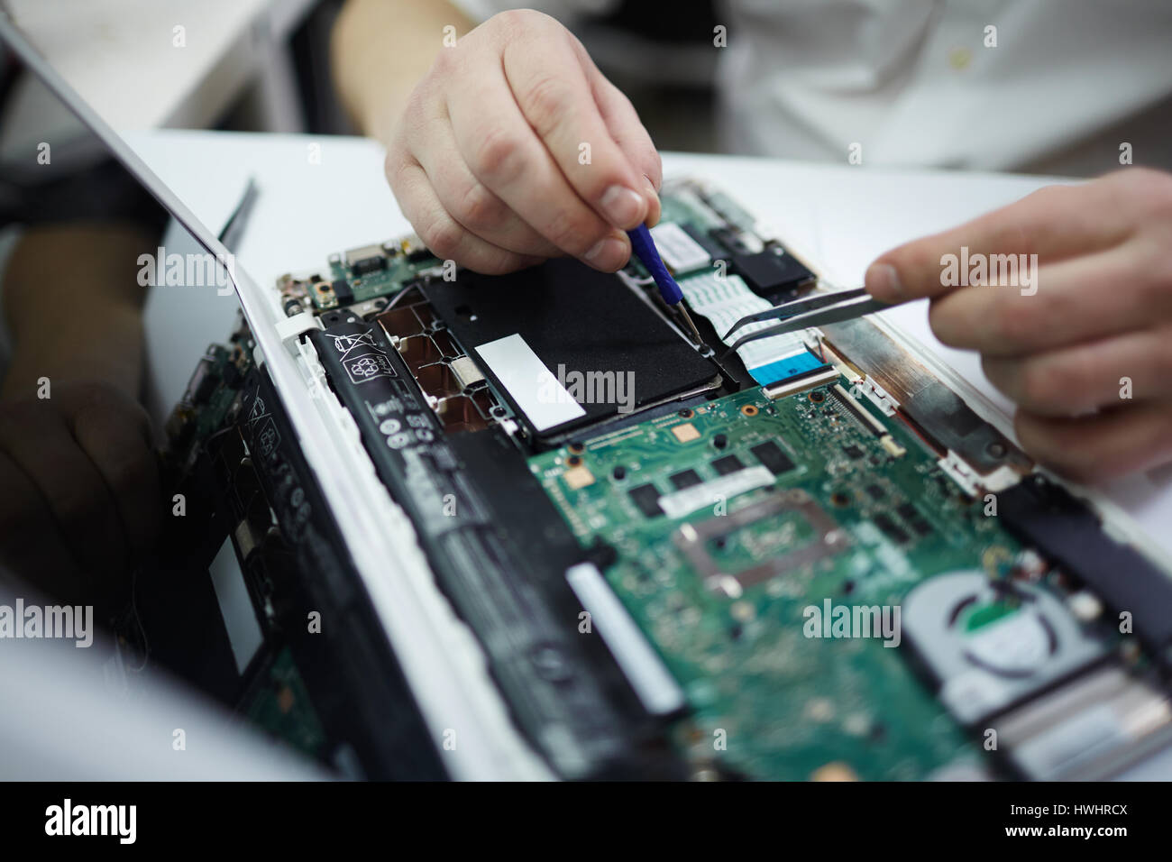Closeup shot of male hands repairing laptop using screwdriver and ...
