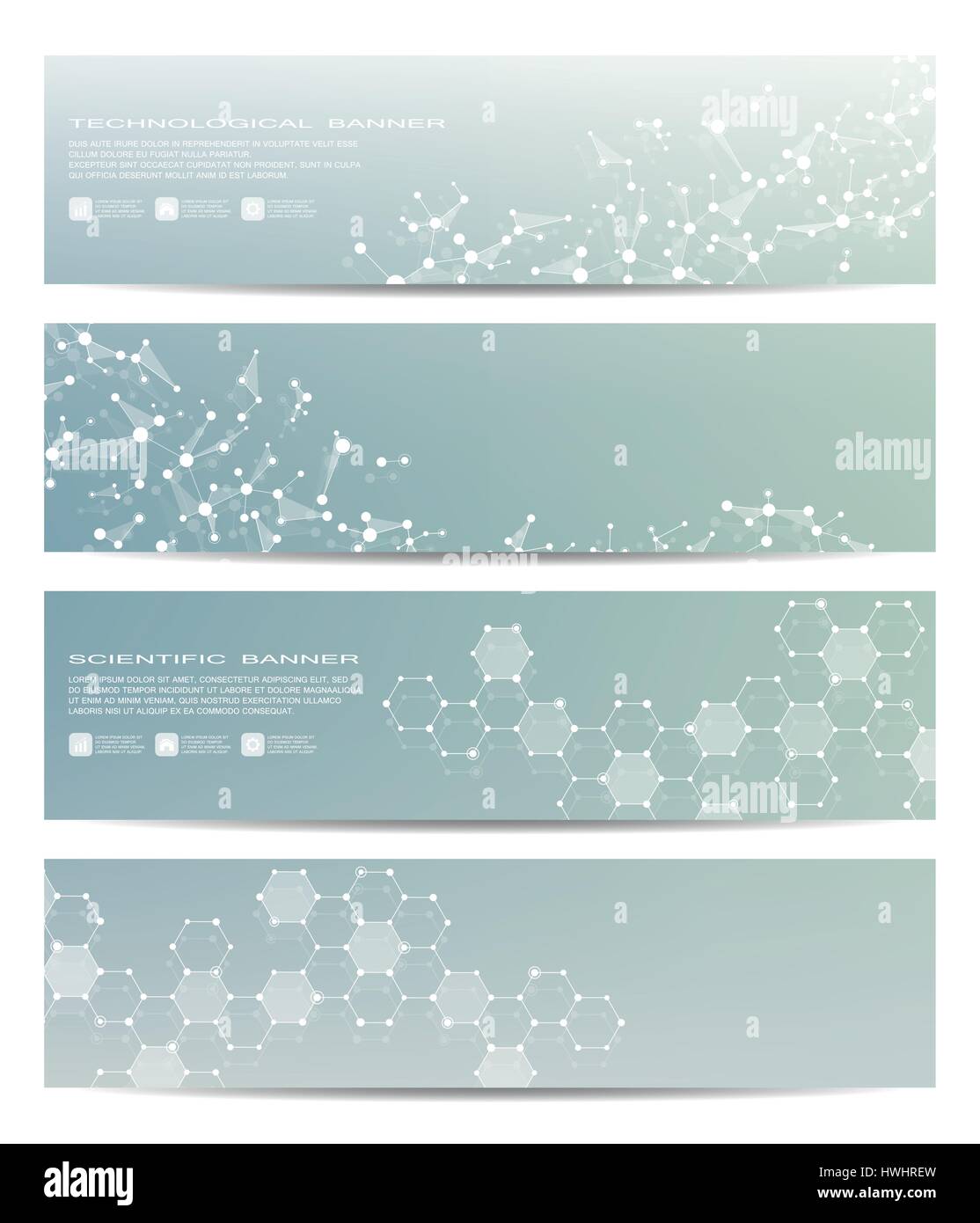 Set of modern scientific banners. Molecular structure of DNA and ...
