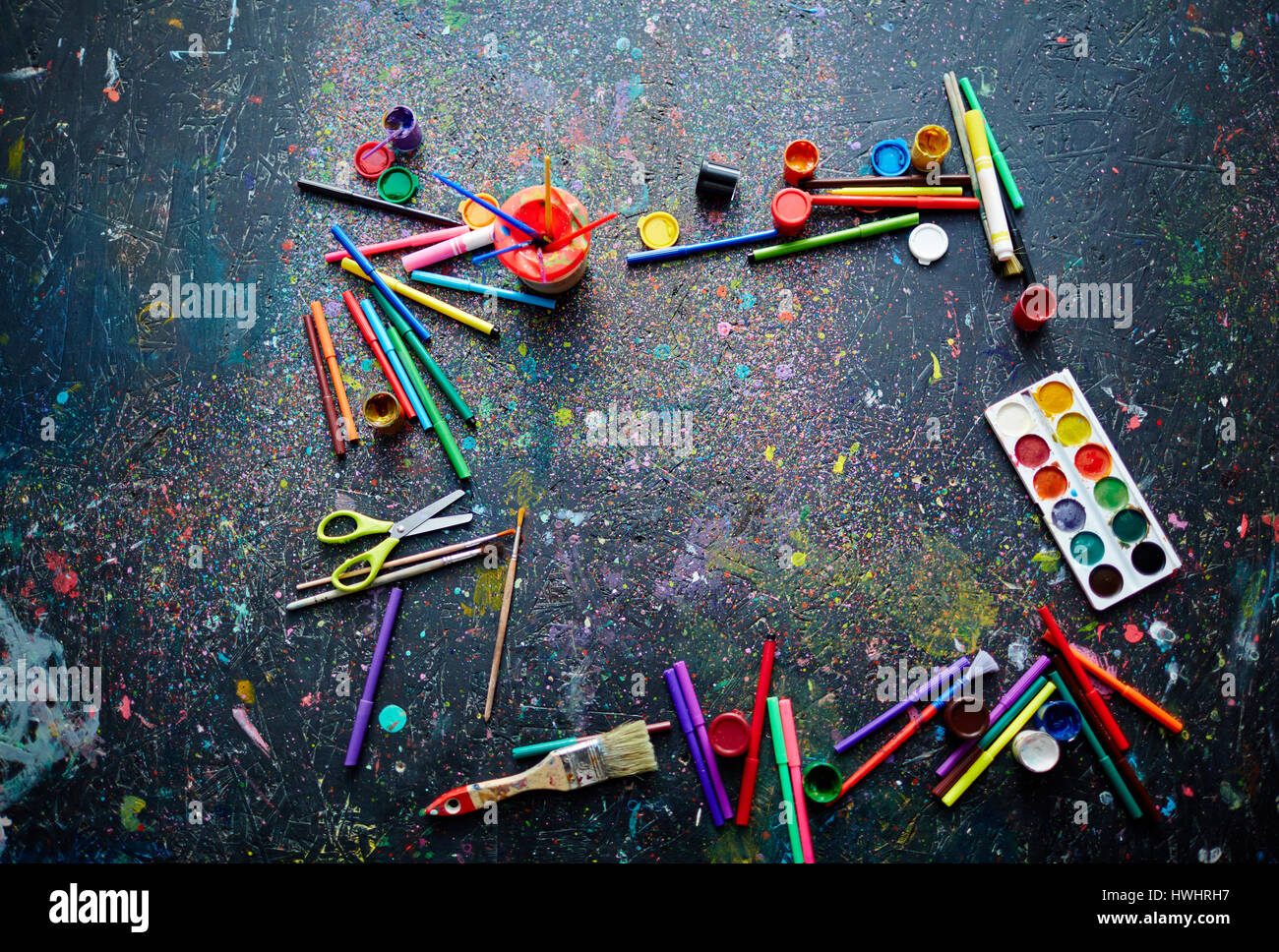Composition made up of painting objects on creative background Stock ...