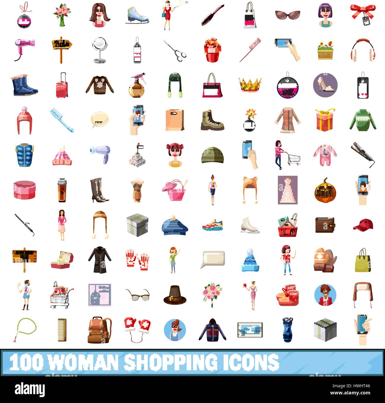 100 women shopping icons set, cartoon style Stock Vector Image & Art ...