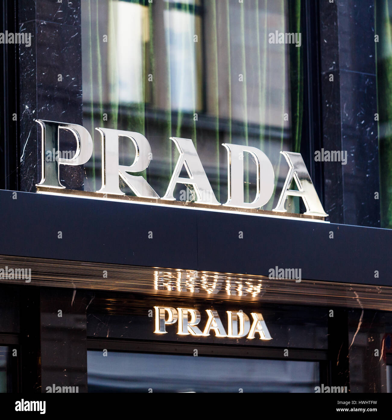 Zurich, Switzerland - 04 November, 2016: Prada logo display in Zurich ...