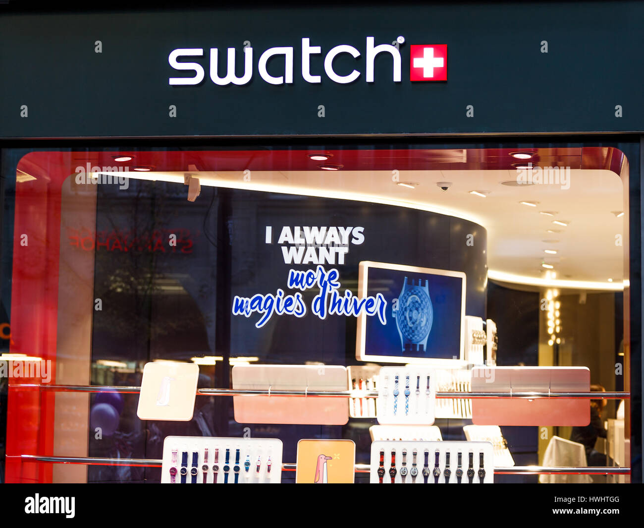 Zurich, Switzerland - 04 November, 2016: Sign of Swatch on building ...