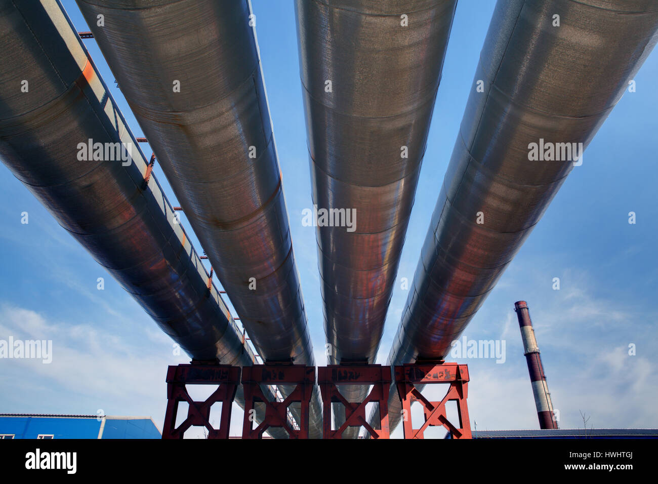 Steel pipes, pipe bridge, overground lines, open heating pipeline Stock ...