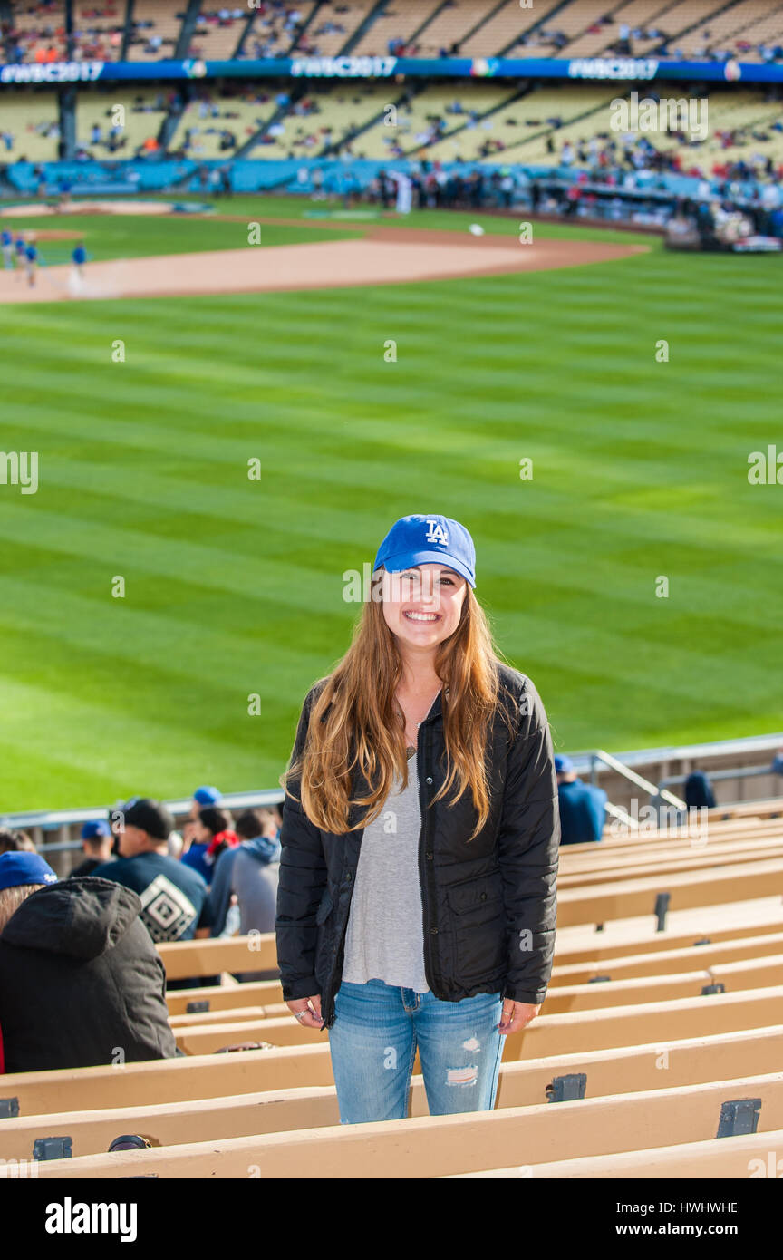 College age female attending World Baseball Classic at Dodger Stadium ...