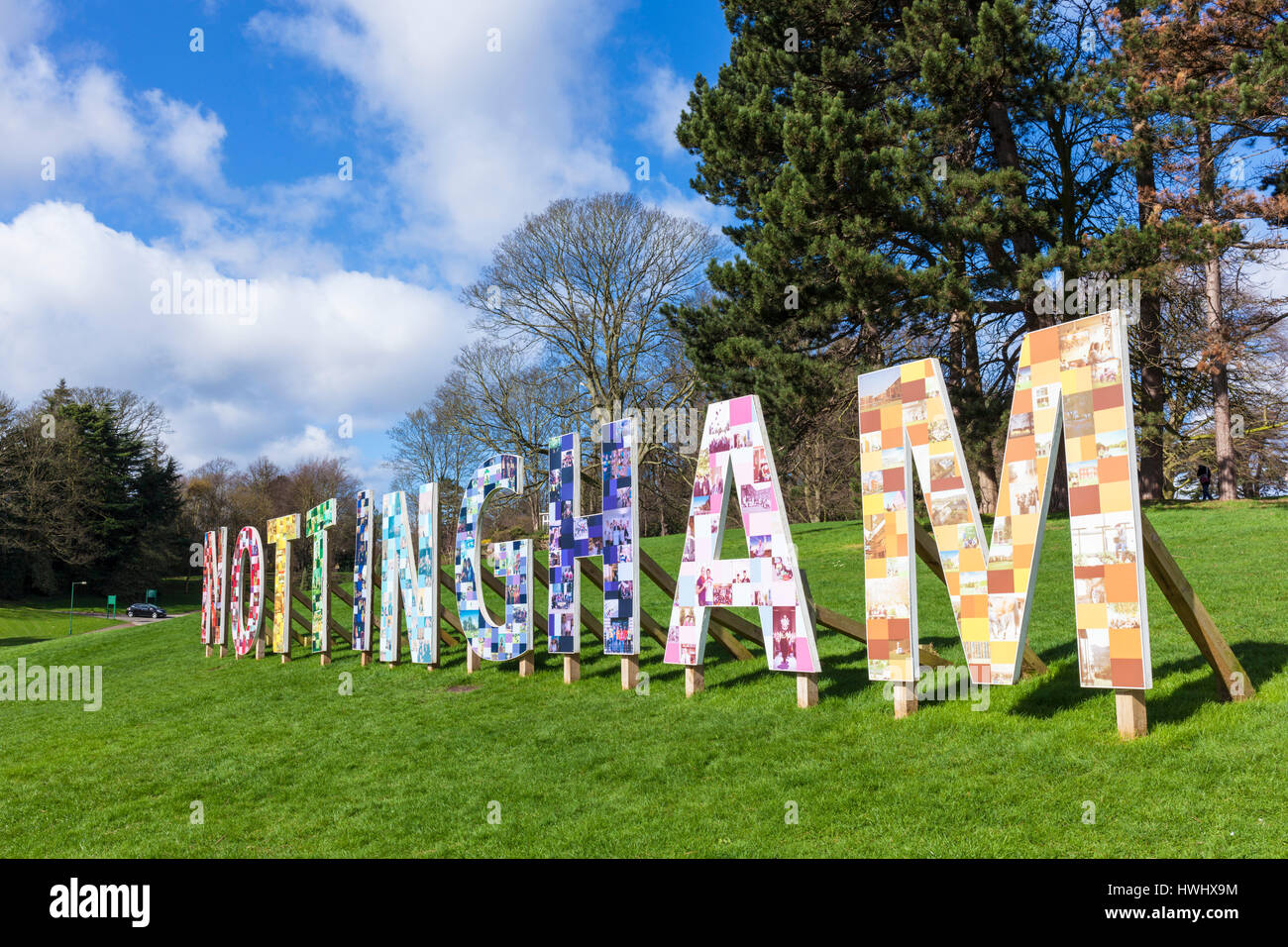 composite sign, city name, nottingham, university campus, grass ...