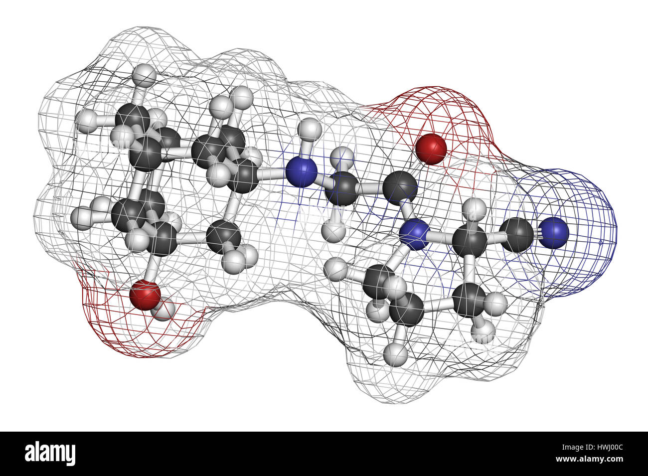 Vildagliptin diabetes drug molecule. 3D rendering. Atoms are ...