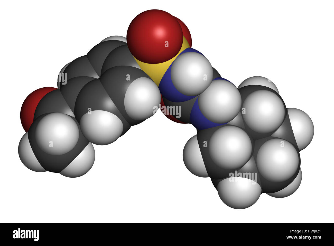 Acetohexamide diabetes drug molecule. 3D rendering. Atoms are ...