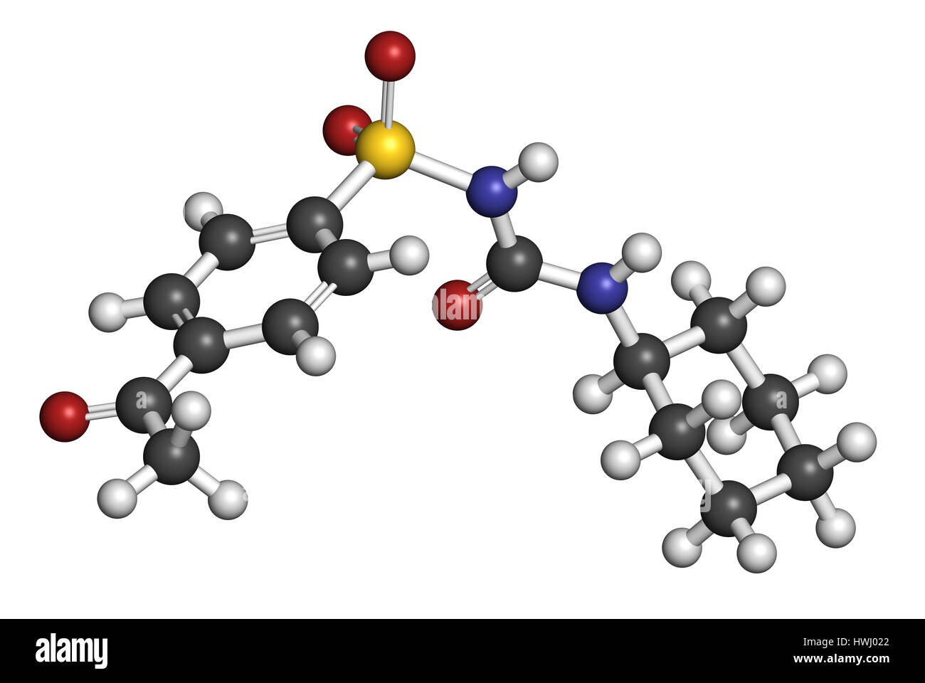 Acetohexamide diabetes drug molecule. 3D rendering. Atoms are ...