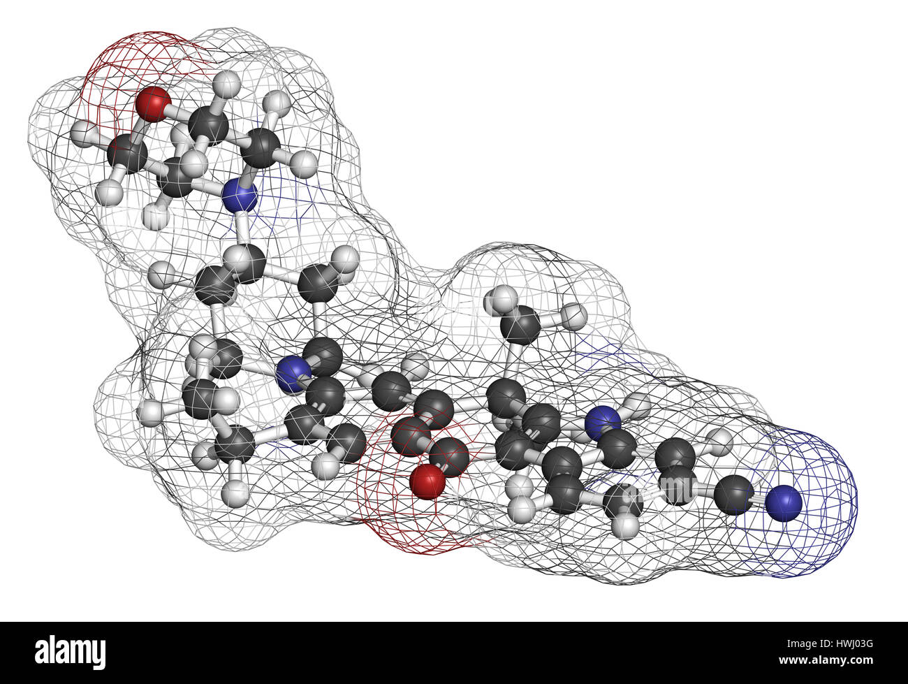 Alectinib cancer drug molecule. 3D rendering. Atoms are represented as ...
