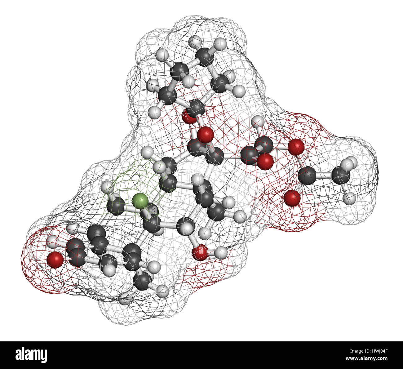 Amcinonide topical corticosteroid drug molecule. 3D rendering. Atoms ...