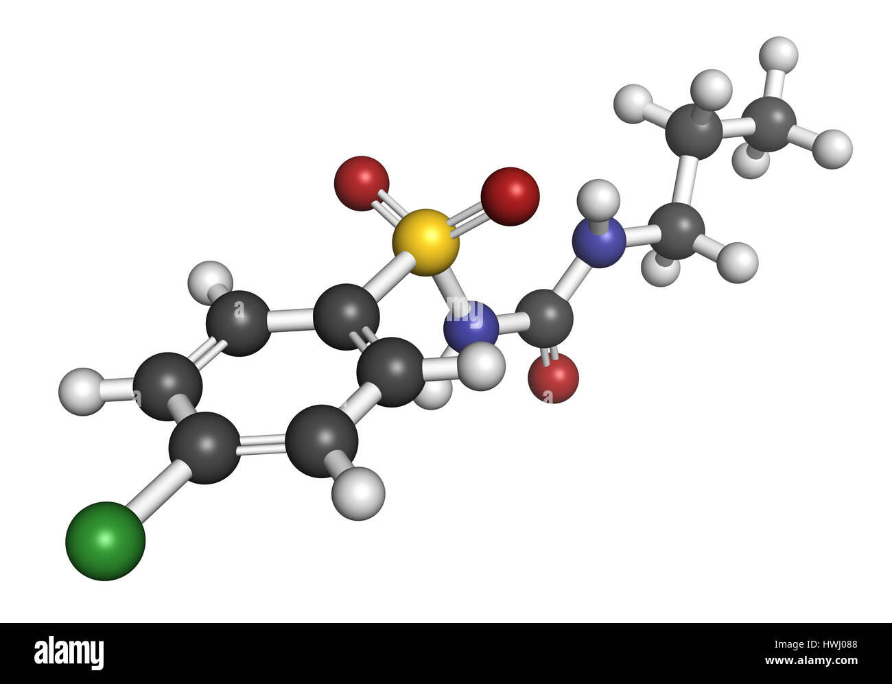 Chlorpropamide diabetes drug molecule. 3D rendering. Atoms are ...