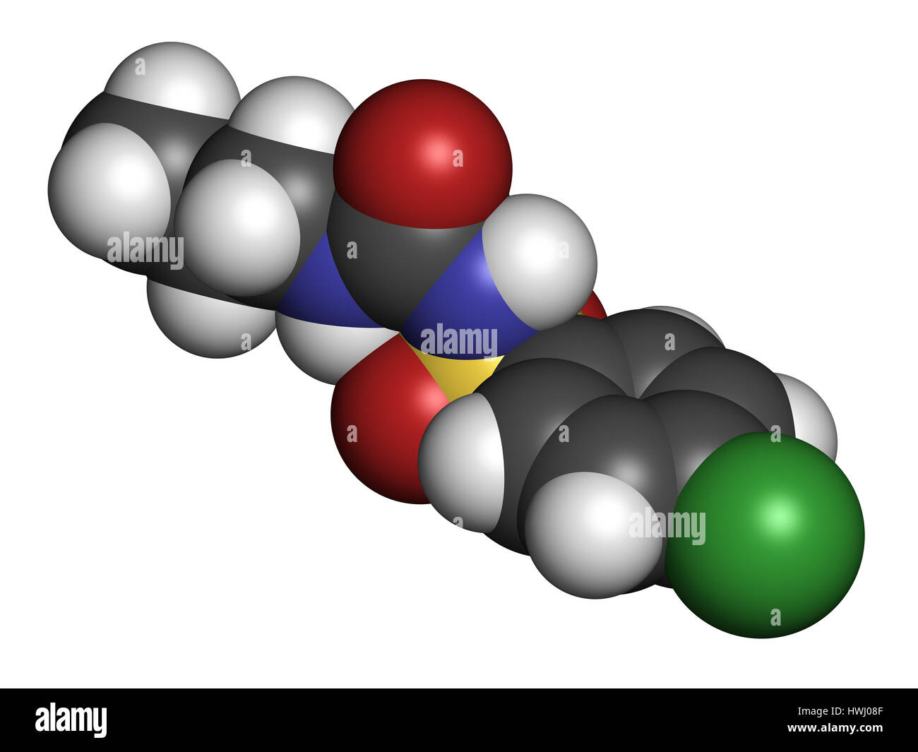 Chlorpropamide diabetes drug molecule. 3D rendering. Atoms are ...