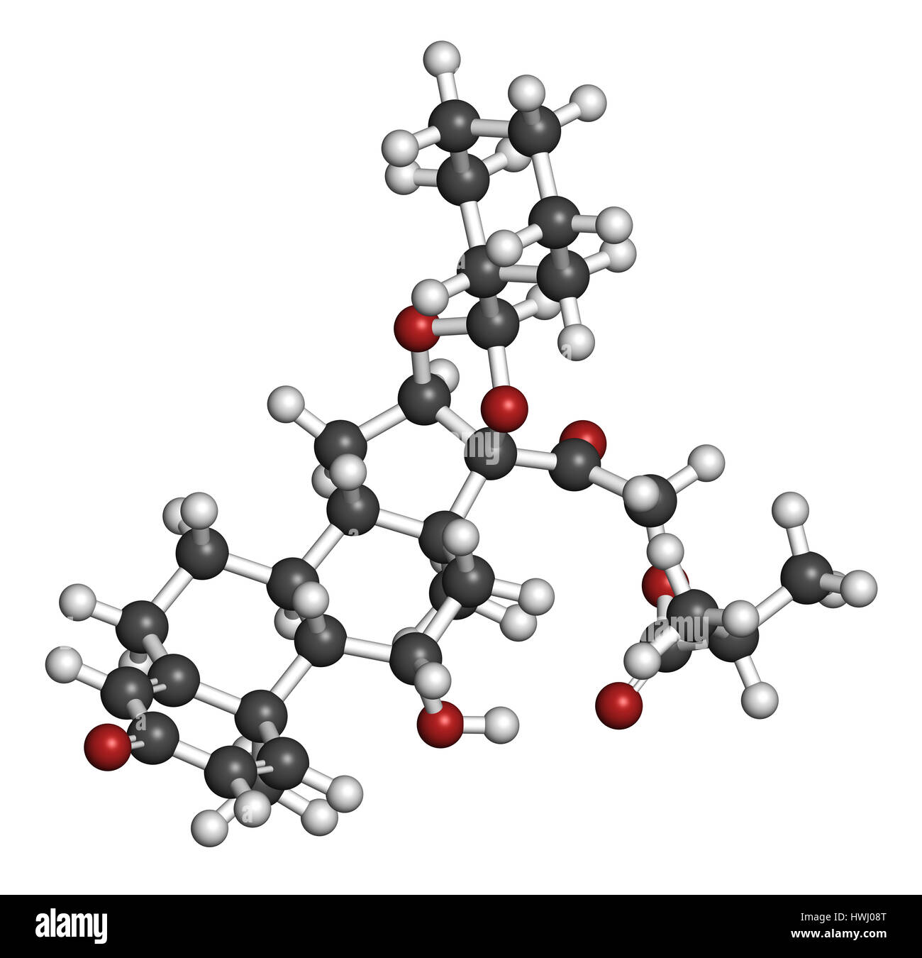 Ciclesonide glucocorticoid drug molecule. 3D rendering. Atoms are ...