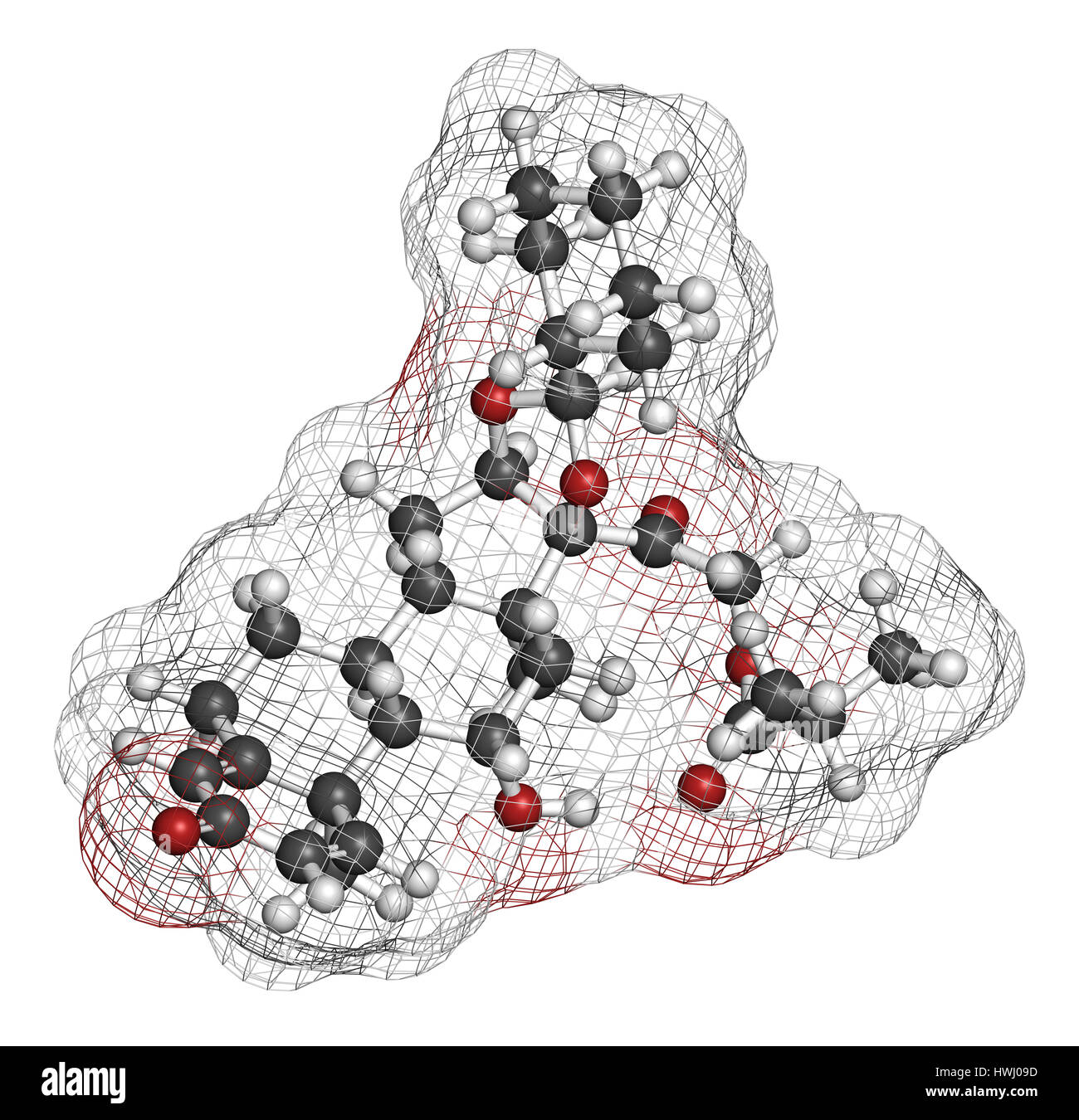 Ciclesonide glucocorticoid drug molecule. 3D rendering. Atoms are ...