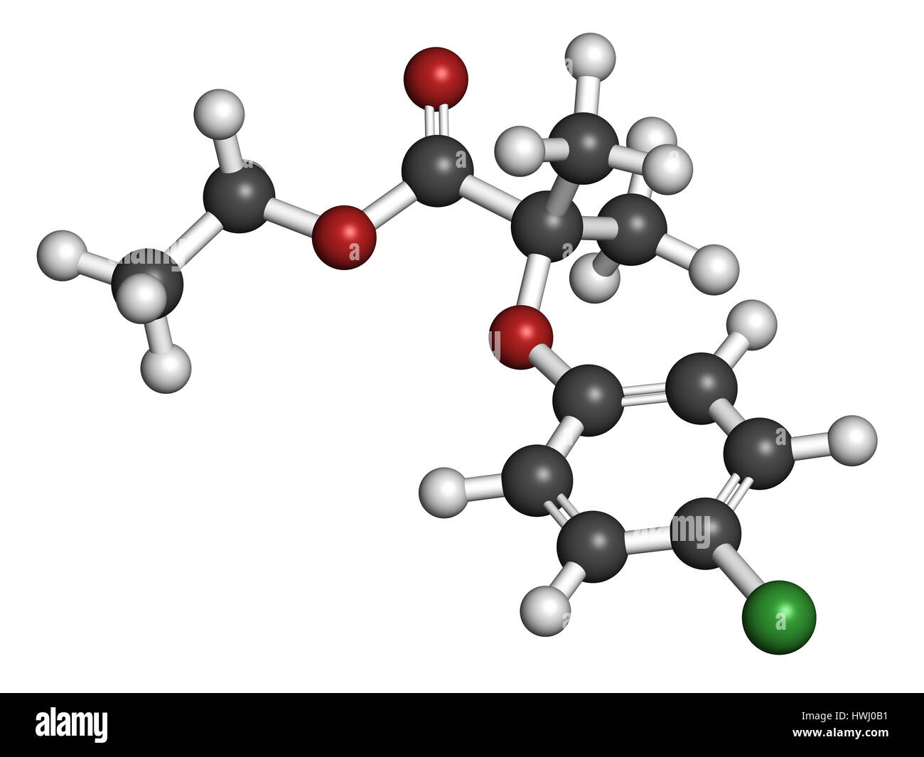 Clofibrate hyperlipidemia drug molecule (fibrate class). 3D rendering ...