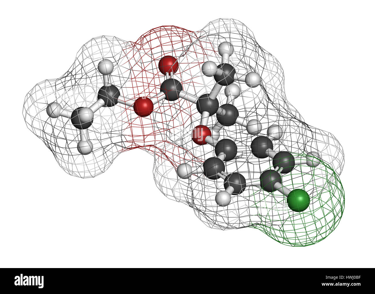 Clofibrate hyperlipidemia drug molecule (fibrate class). 3D rendering ...