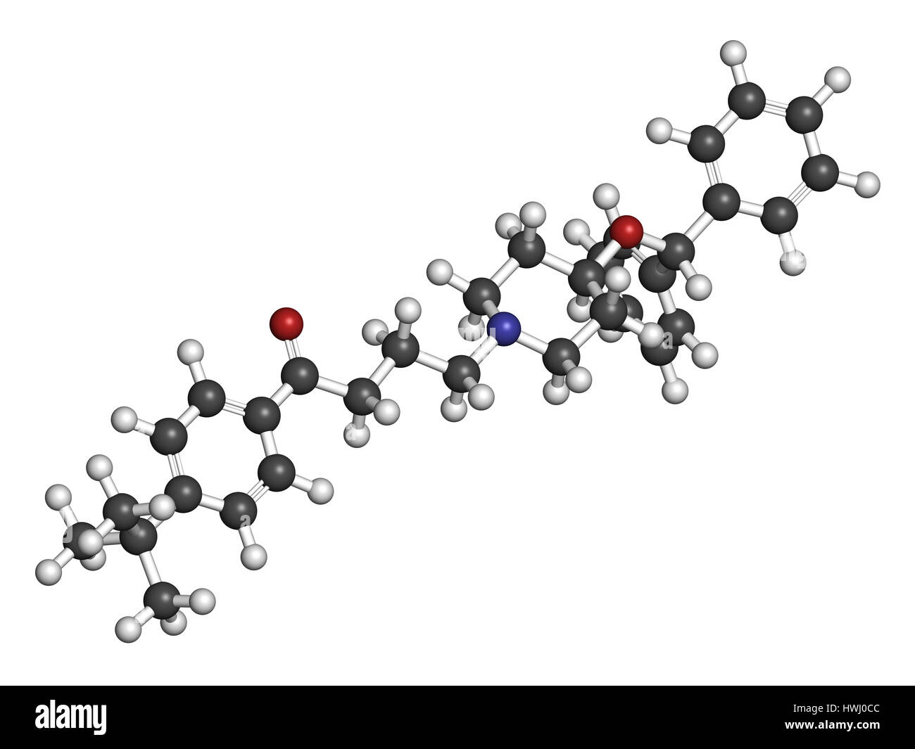 Ebastine antihistamine drug molecule. 3D rendering. Atoms are ...