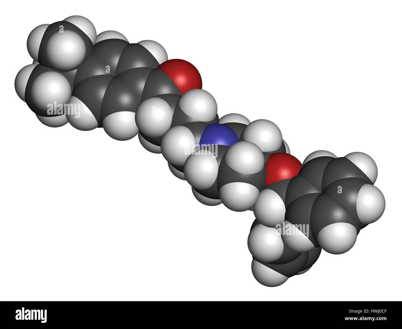 Ebastine antihistamine drug molecule. 3D rendering. Atoms are ...