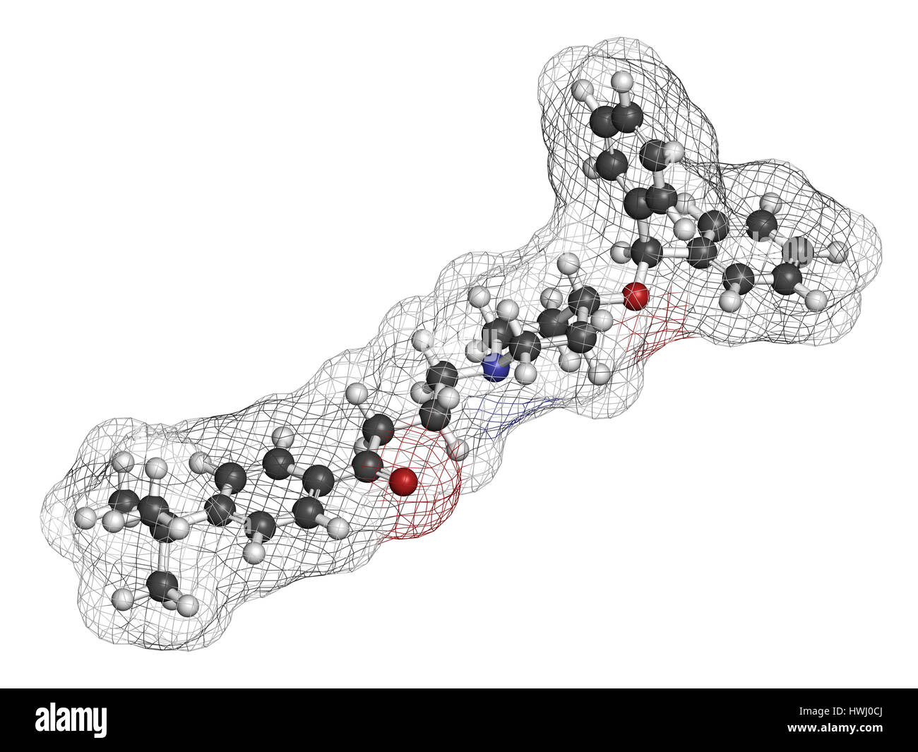 Ebastine antihistamine drug molecule. 3D rendering. Atoms are ...