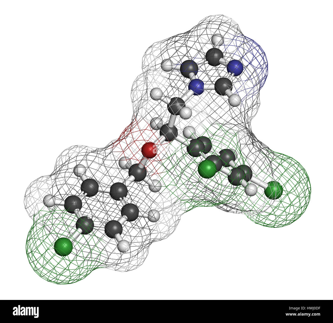 Econazole antifungal drug molecule. 3D rendering. Atoms are represented ...