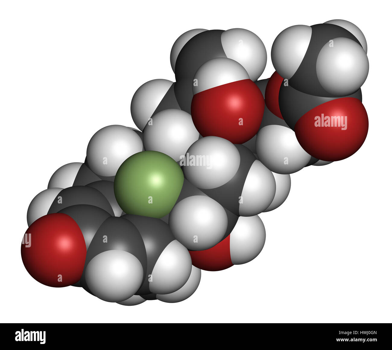 Fluprednidene acetate corticosteroid molecule. 3D rendering. Atoms are ...