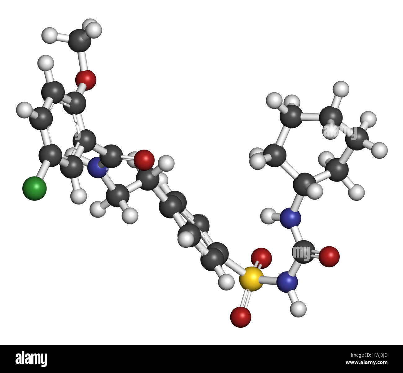 Glibenclamide (glyburide) diabetes drug molecule. 3D rendering. Atoms ...