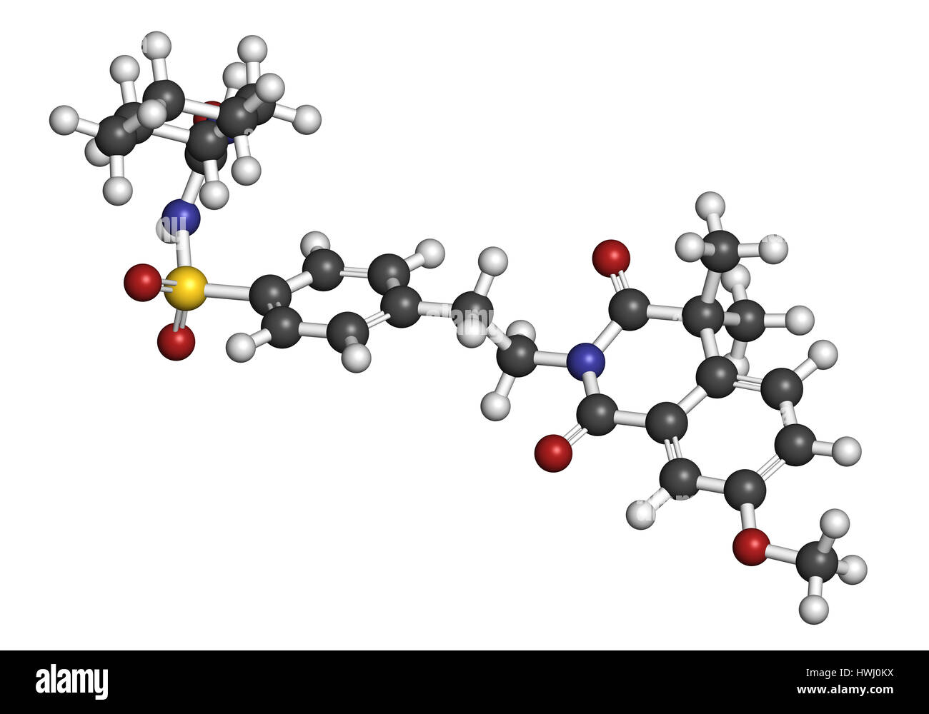 Gliquidone diabetes drug molecule. 3D rendering. Atoms are represented ...