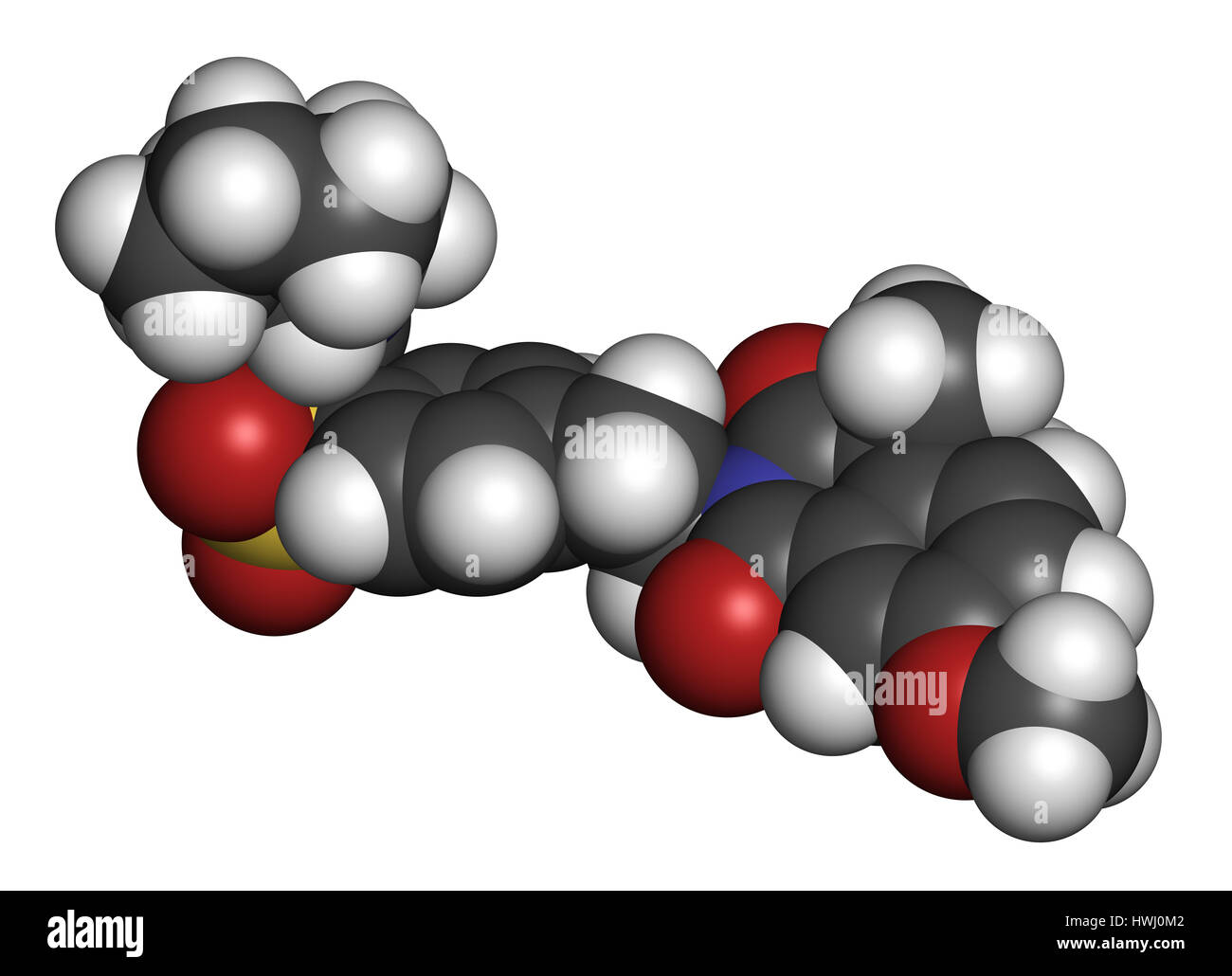 Gliquidone diabetes drug molecule. 3D rendering. Atoms are represented ...