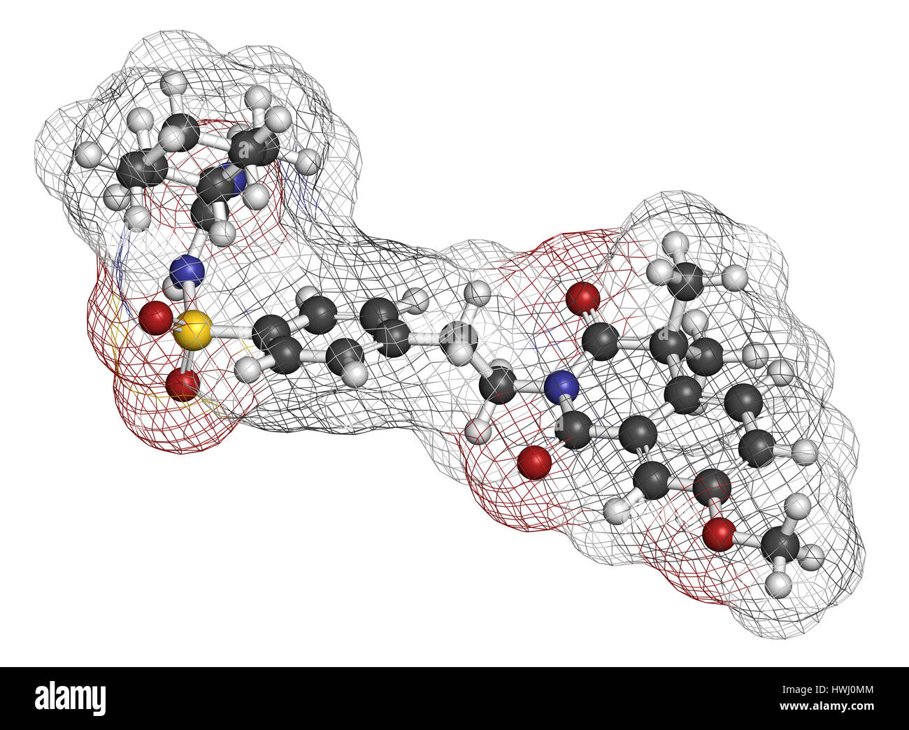 Gliquidone diabetes drug molecule. 3D rendering. Atoms are represented ...