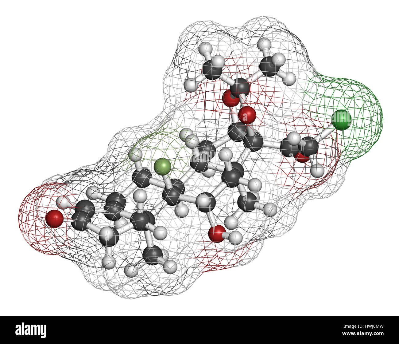 Halcinonide topical corticosteroid drug molecule. 3D rendering. Atoms ...