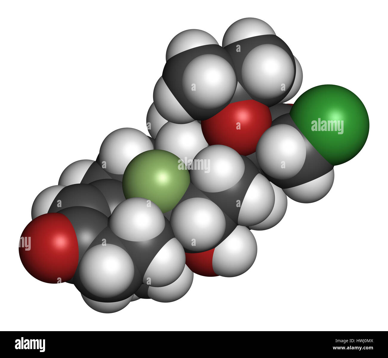 Halcinonide topical corticosteroid drug molecule. 3D rendering. Atoms ...