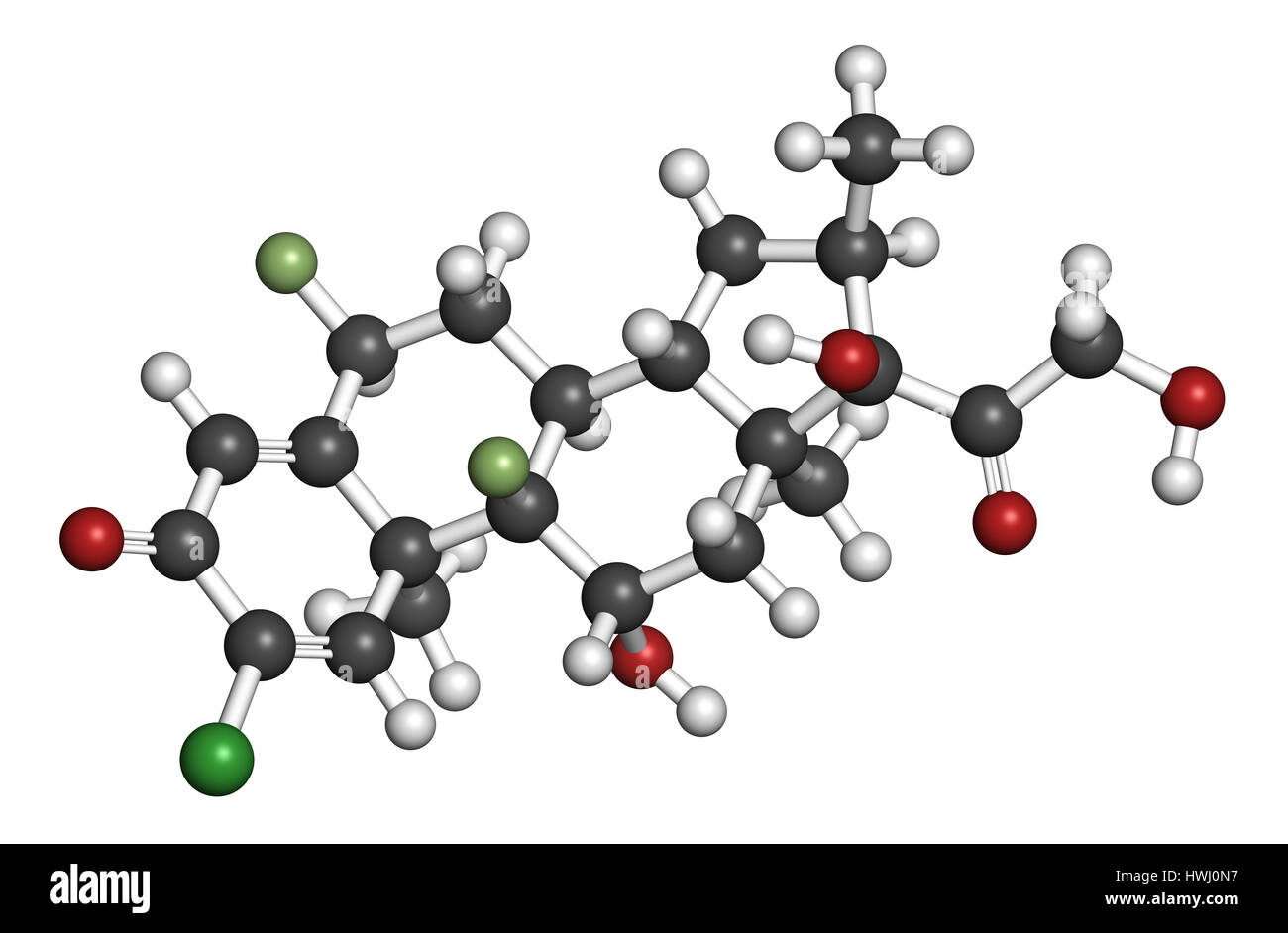 Halometasone topical corticosteroid drug molecule. 3D rendering. Atoms ...