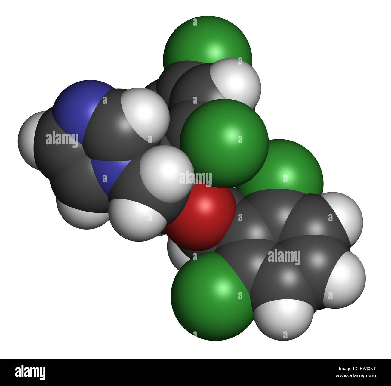 Isoconazole antifungal drug molecule. 3D rendering. Atoms are ...