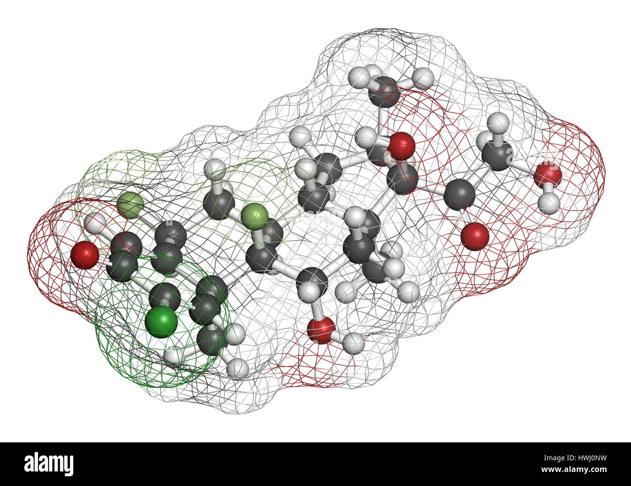 Halometasone topical corticosteroid drug molecule. 3D rendering. Atoms ...