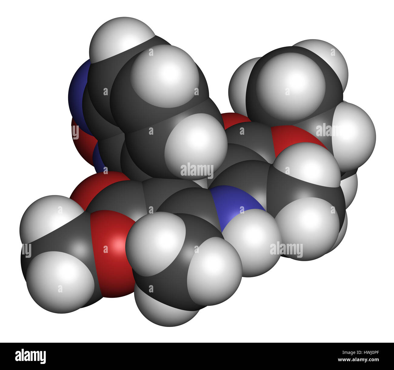 Isradipine hypertension drug molecule. 3D rendering. Atoms are ...